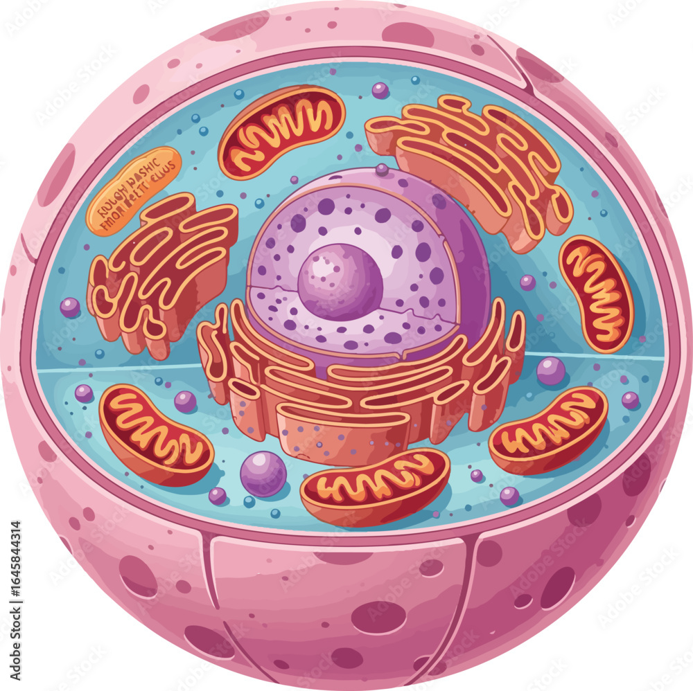 Detailed cartoon diagram of an animal cell showing the nucleus and ...