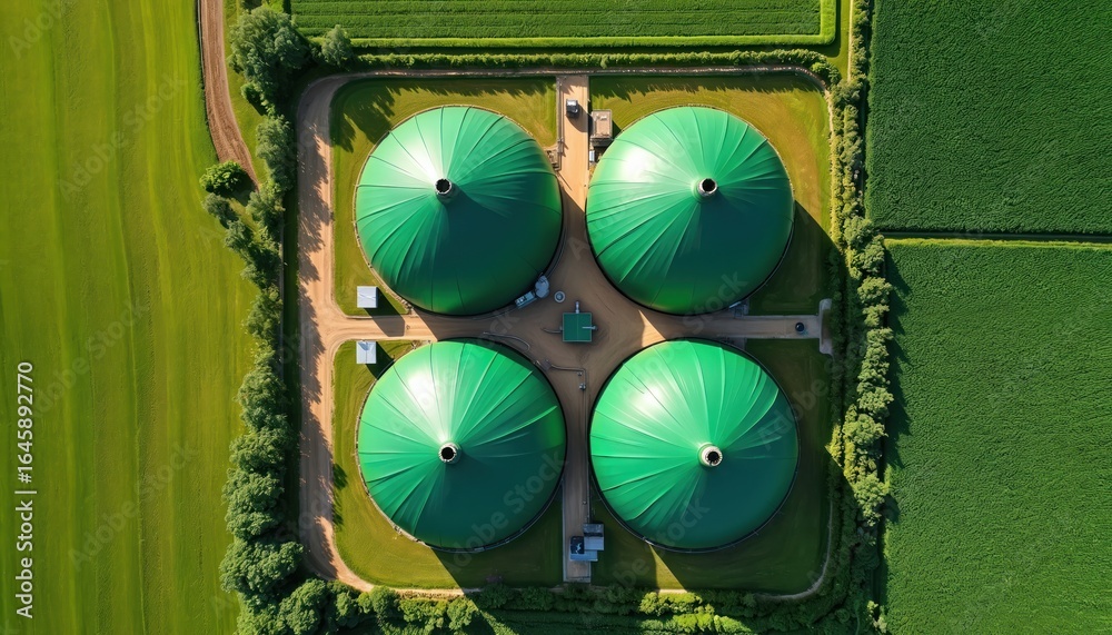 Aerial view of four green biogas digesters in rich agricultural field ...
