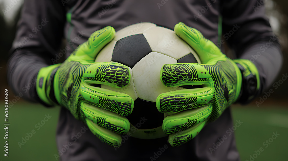 Foto de Stock Closeup of a soccer goalkeeper wearing neon green gloves ...