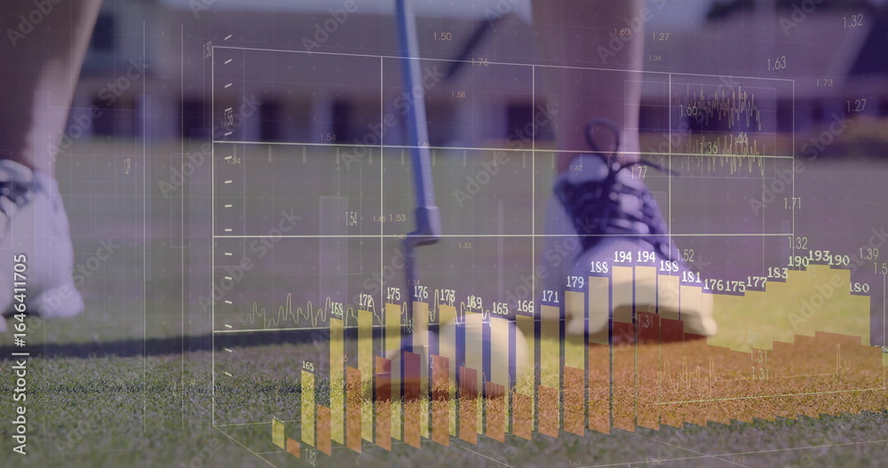 Mature golfer in shorts aligning putter near golf ball on putting green ...