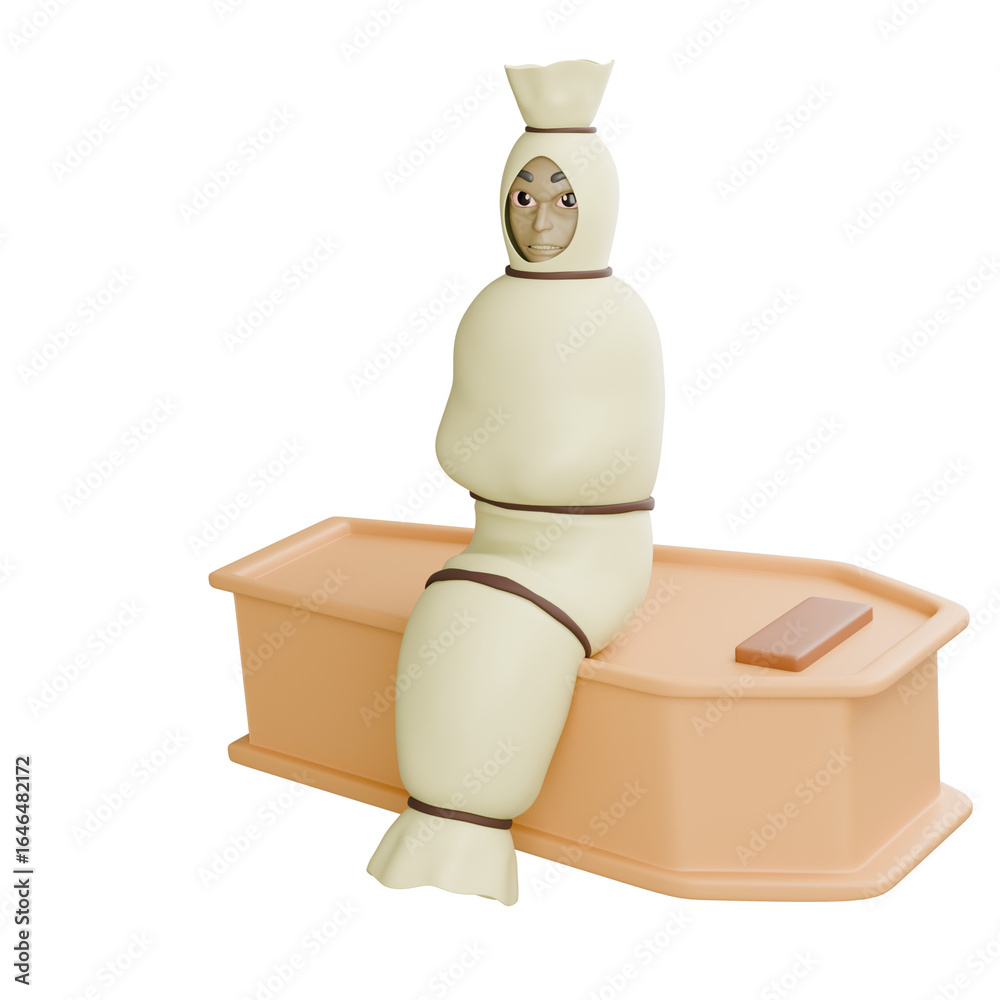 Illustration Stock 3D rendering of pocong ghost leaning on a coffin ...