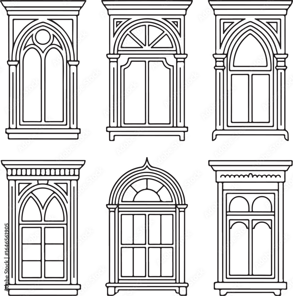 Ornamental Victorian Architecture Icons Engraved Window Frames, Gothic ...