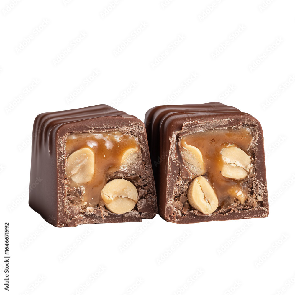 Square shaped snickers chocolate cut in half with peanuts and caramel ...