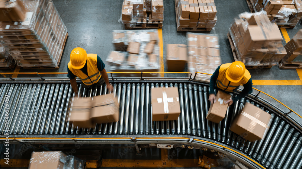 Warehouse workers handling cardboard box on conveyor belt in ...