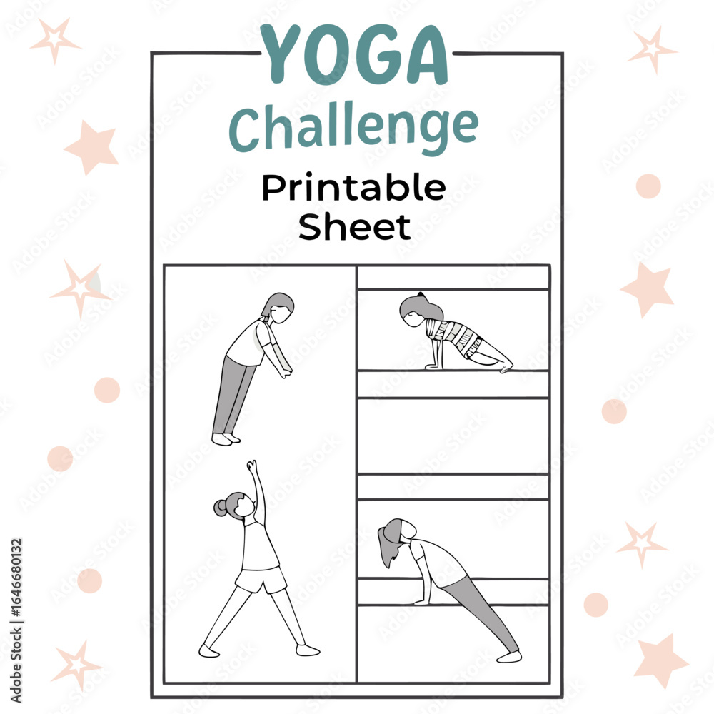 Yoga challenge printable sheet featuring four illustrated poses for ...