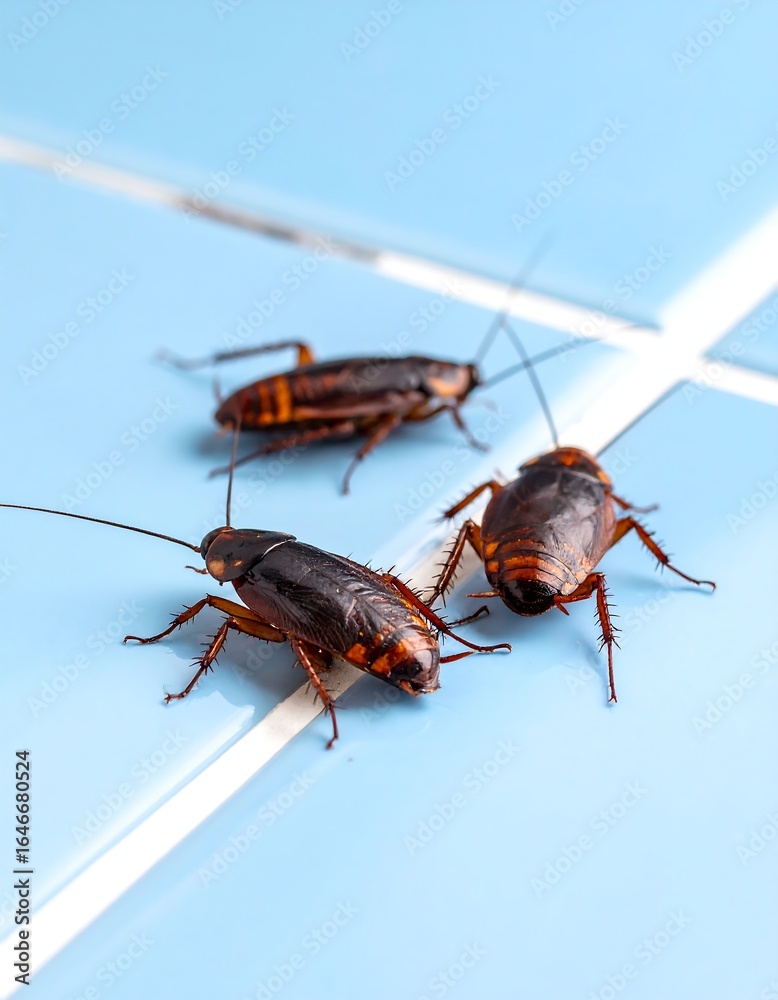 Three cockroaches on a light blue tiled surface (1) Stock Photo | Adobe ...