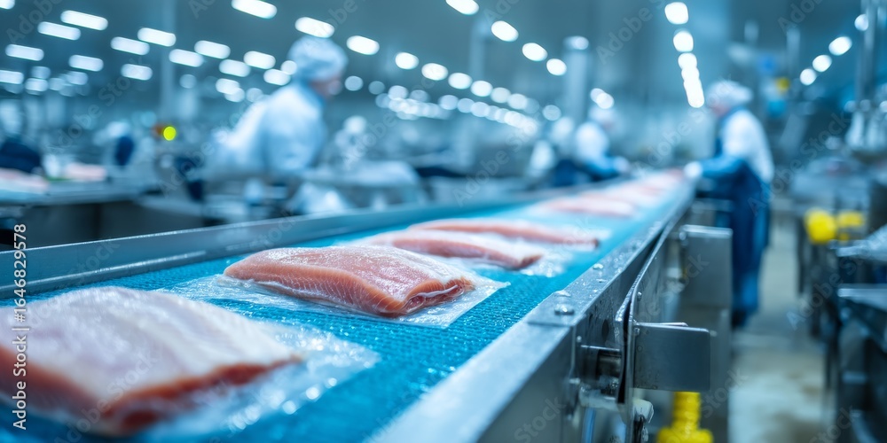 Salmon fillets being processed and packaged in a seafood processing ...