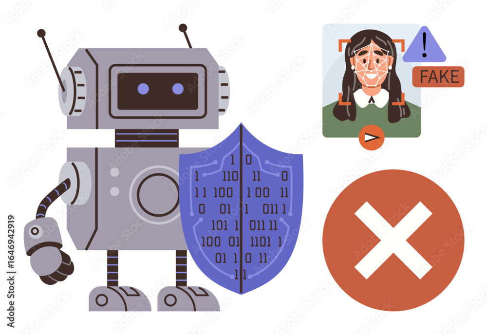 Robot holding cyber shield with binary code, fake detection alert ...
