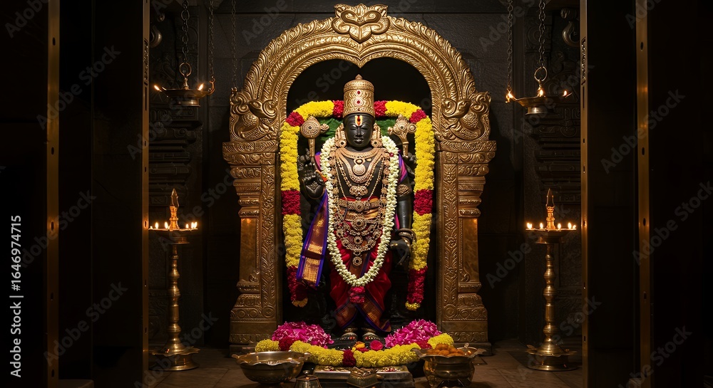 Tirupati Balaji Idol in Dimly Lit Temple Alcove Stock Photo | Adobe Stock
