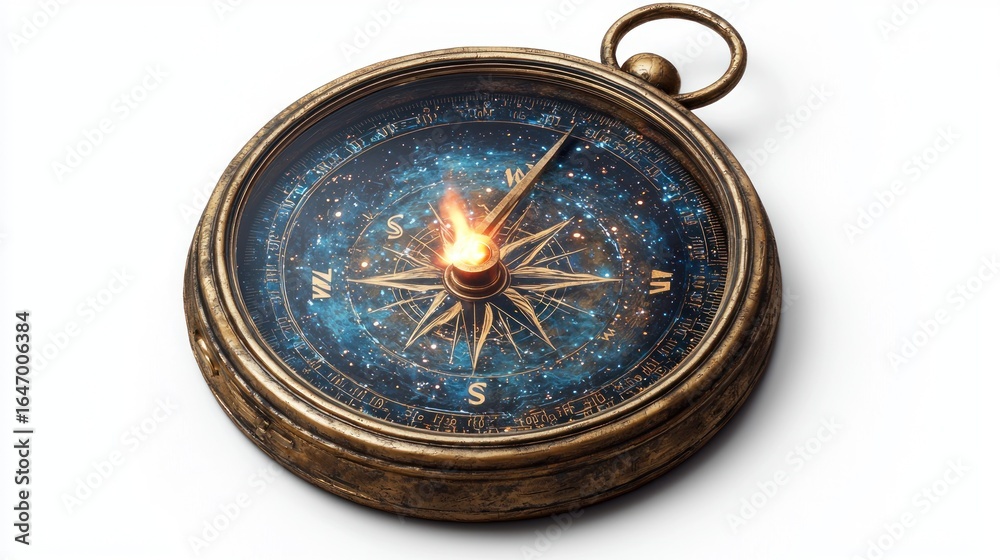 traditional compass, its needle is a flickering flame of data, pointing ...