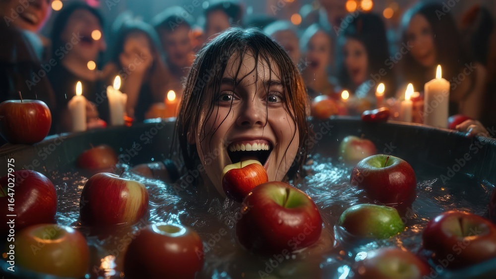 Ecstatic Girl Apple Bobbing, Wet Hair, Biting Red Apple at Lively ...