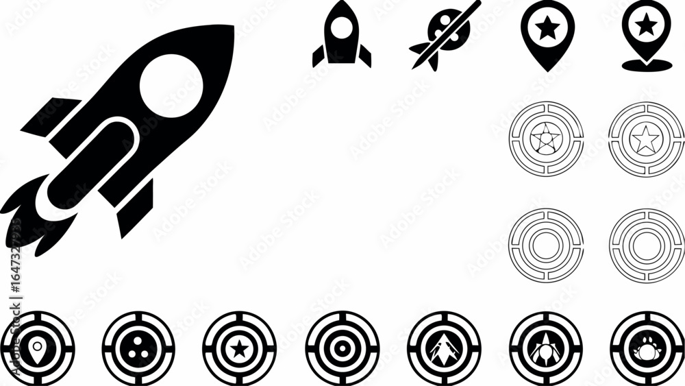 Illustration showing a rocket ship, spaceship, location icons, and ...