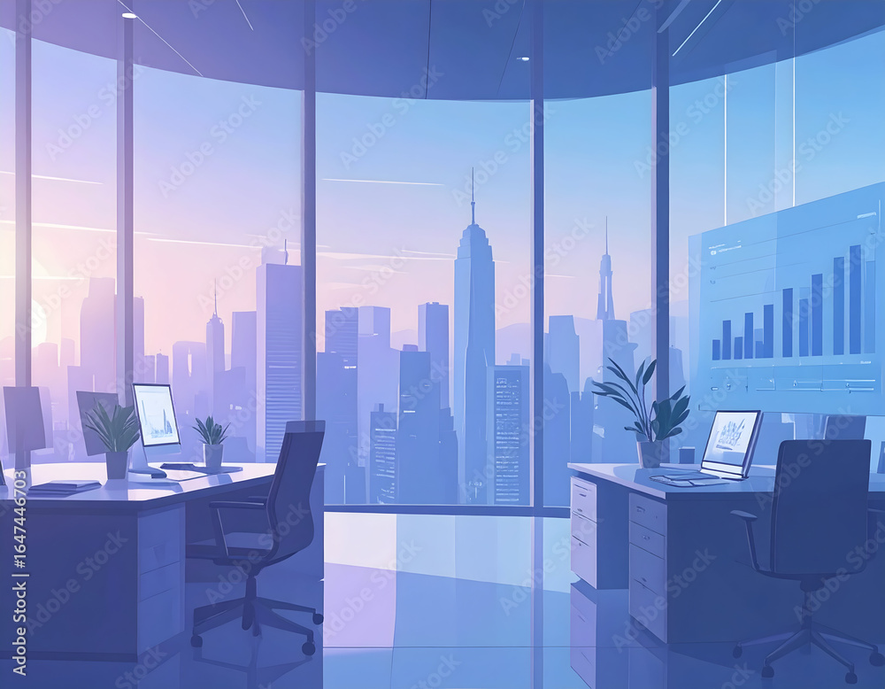 Contemporary corporate office workspace interior with panoramic windows ...