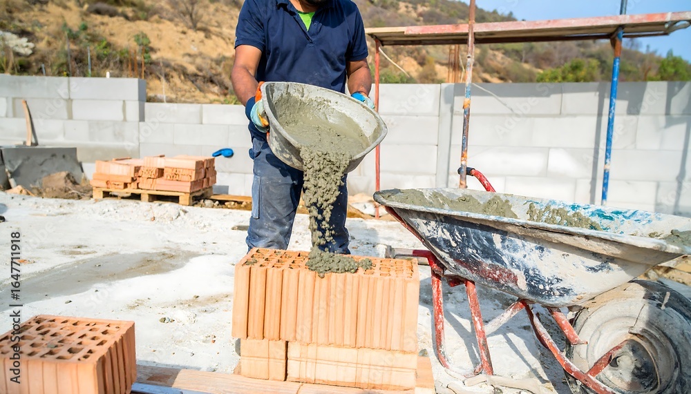 Construction worker pouring mortar into bricks Stock Illustration ...