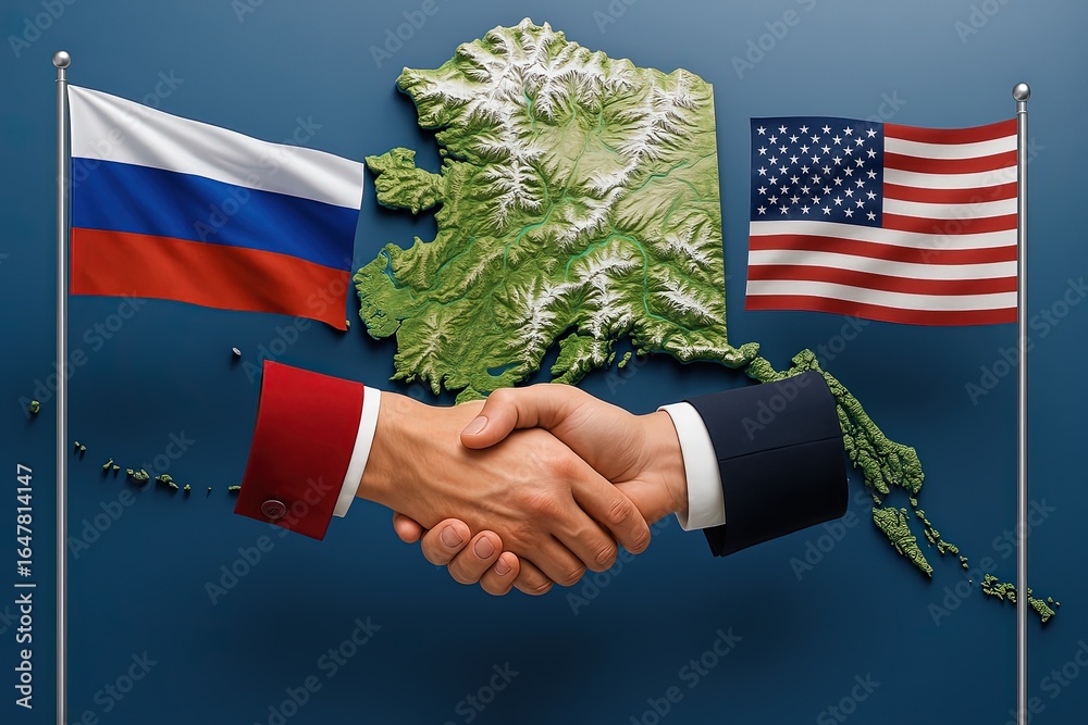 Diplomatic Handshake Over Alaska Map with USA, Russia Flags and Ukraine ...