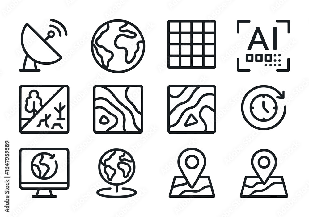 Satellite AI Icons. Outline vector icons of satellite imagery and AI ...