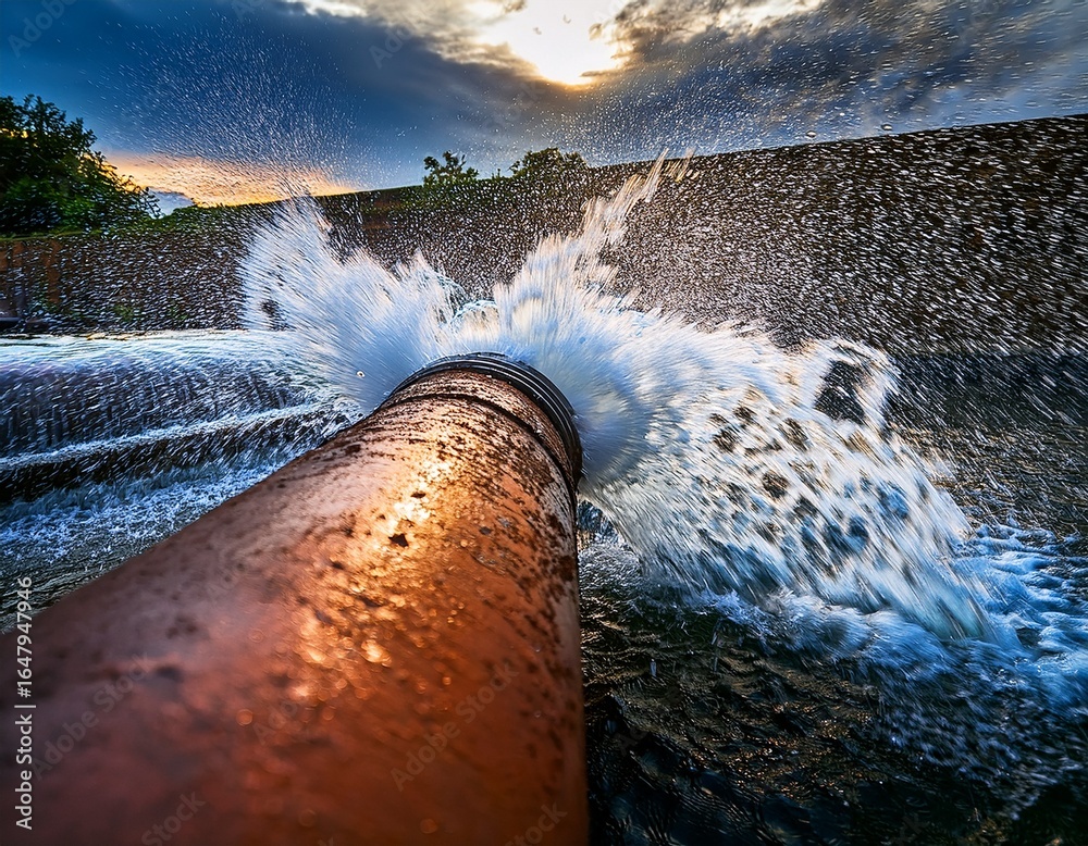 rusty metal pipe burst with high pressure water leakage concept of ...