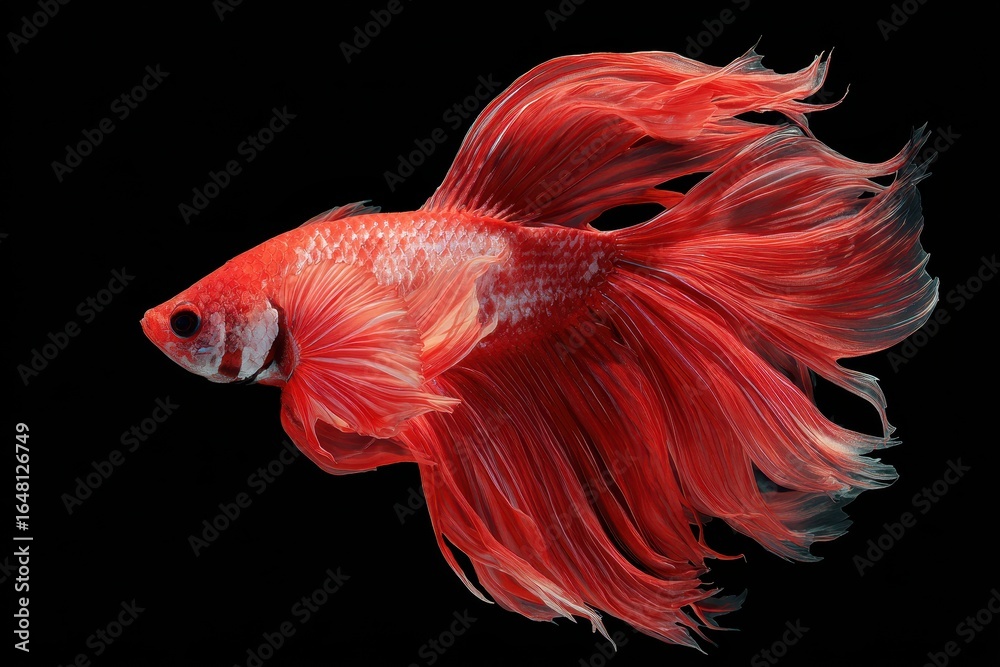 Seize the dynamic moment of a red Siamese fighting fish against a black ...