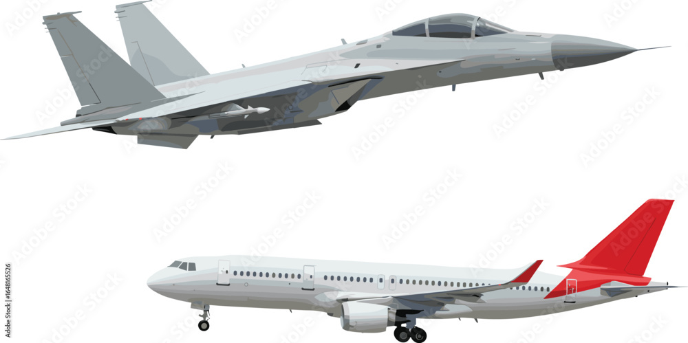 Military fighter jet and commercial airplane side view vector, aviation ...