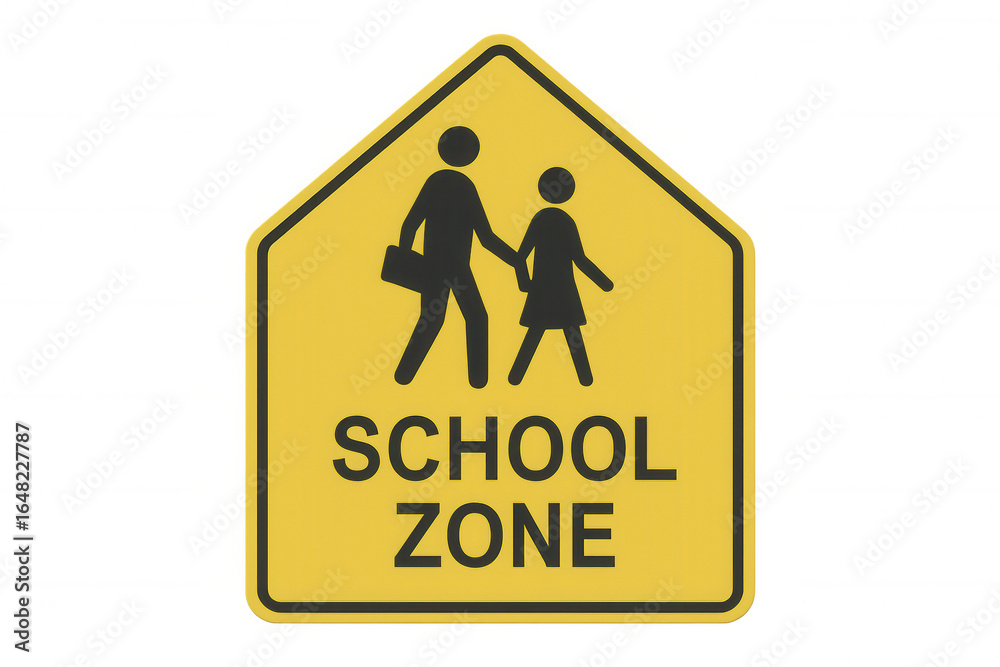 Yellow school zone road sign indicating children crossing, promoting safety and caution in ...