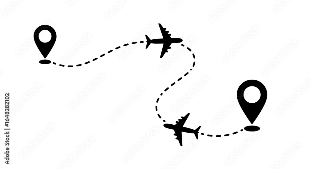 Airplane routes connecting two locations with dotted lines showing the ...
