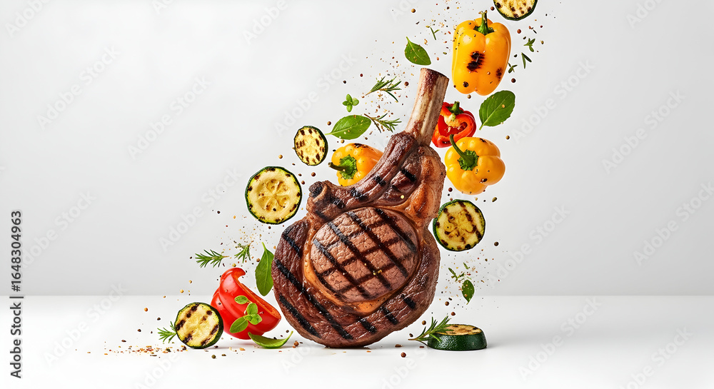 Sizzling Grilled Tomahawk Steak with Dynamic Flying Vegetables and ...