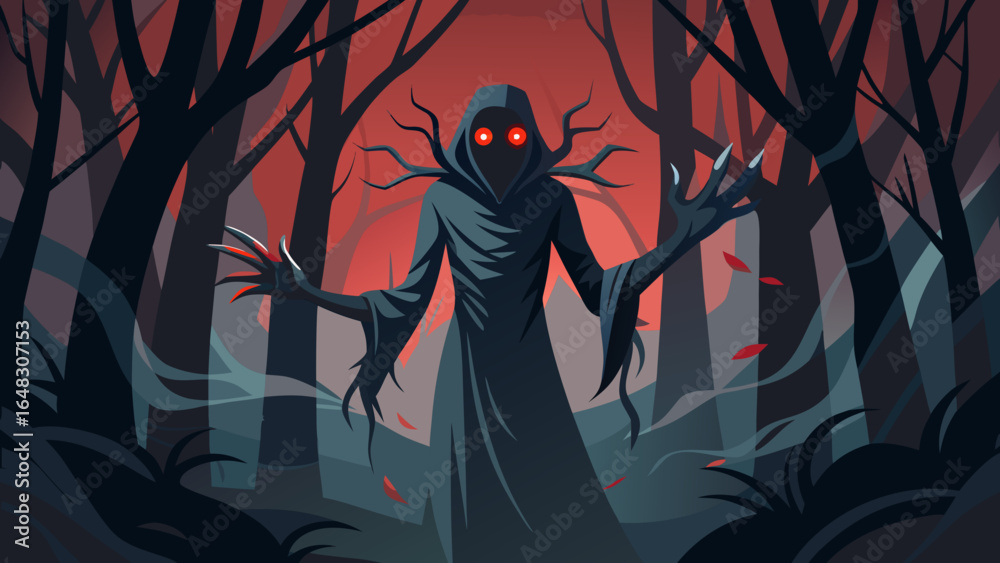 A terrifying shadowy figure with glowing red eyes and sharp claws ...