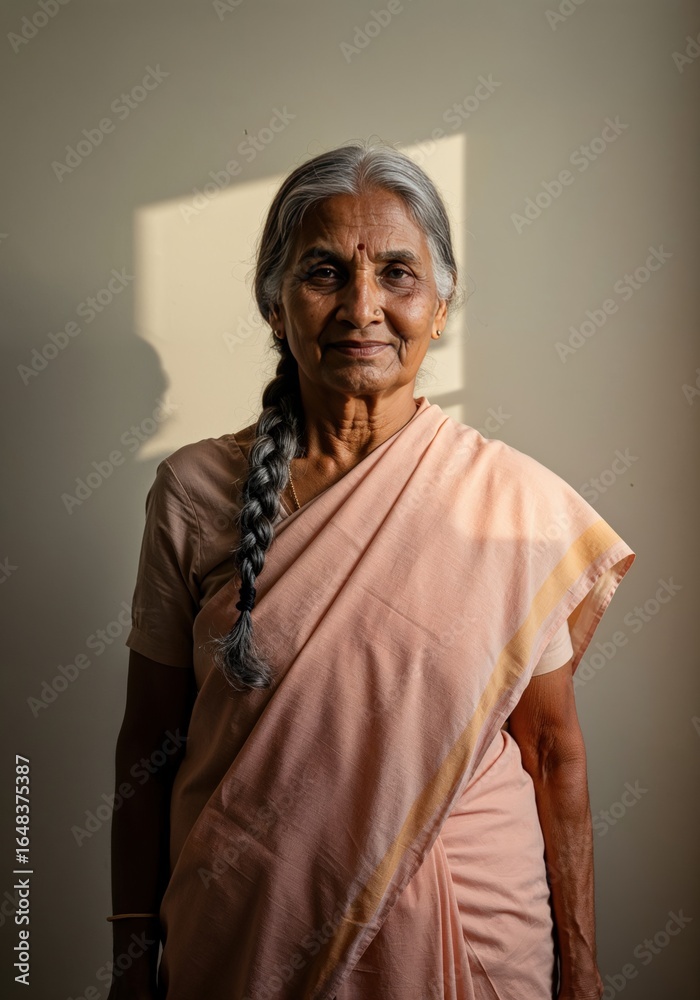 Portrait of an elderly indian woman with grey hair in a braid, wearing ...