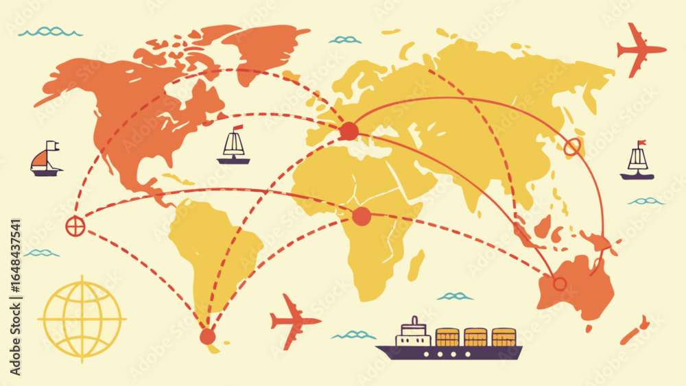 Global logistics and international trade network map with shipping ...