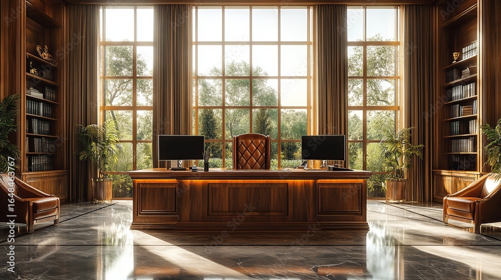 Elegant and spacious CEO's office with classic wood paneling, extensive ...