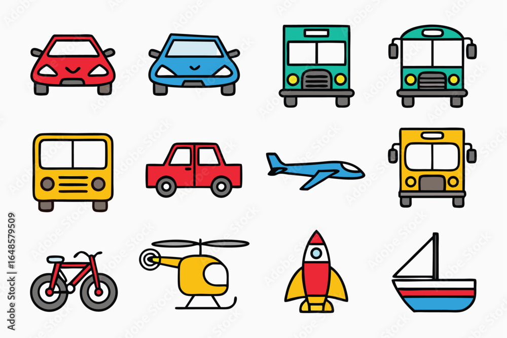Collection of cartoon vehicles and transportation modes in a grid Stock ...