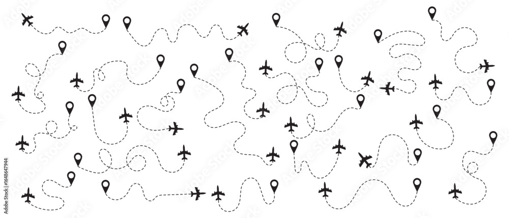 Airplane routes set.Plane route line.Planes dotted flight pathway.Plane ...