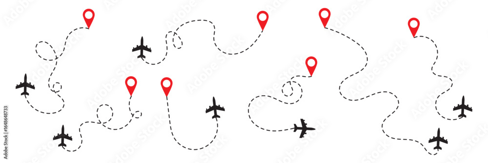 Airplane line path icon set. Vector illustration of air plane flight ...