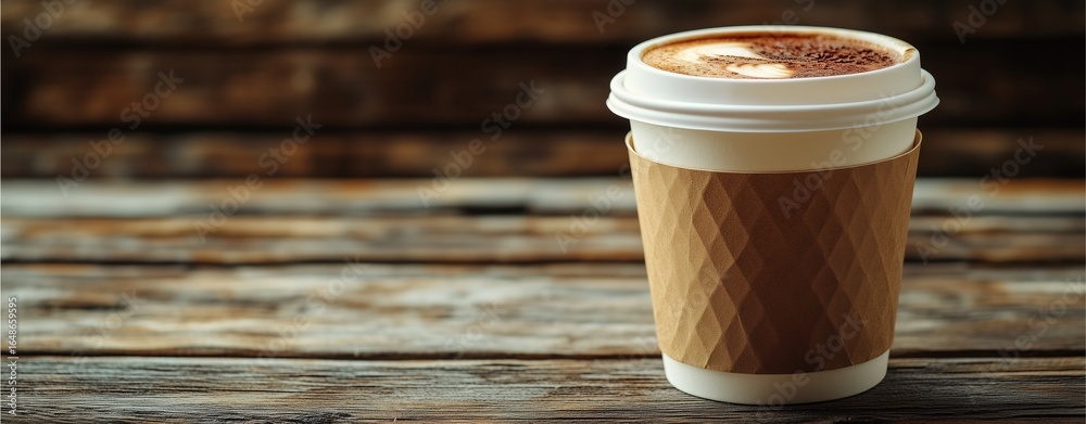 coffee cup take out with vintage label on rustic wooden background ...