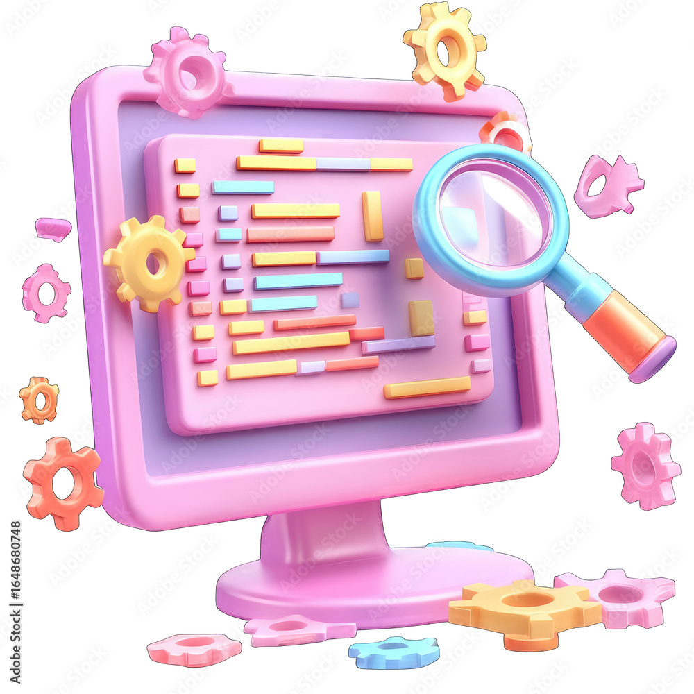 Pastel pink computer screen displays code, magnified by a large ...