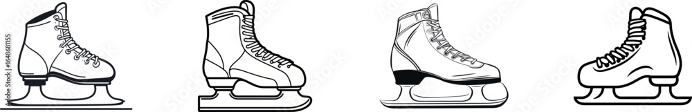 Figure skates are shown in a single line drawing on an isolated white ...