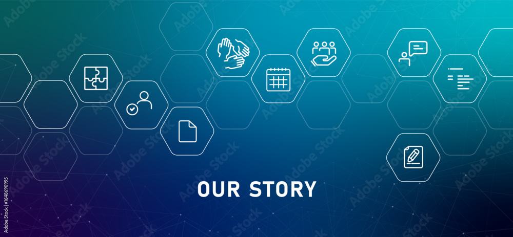 Our story web header with business and narrative related outline icons ...
