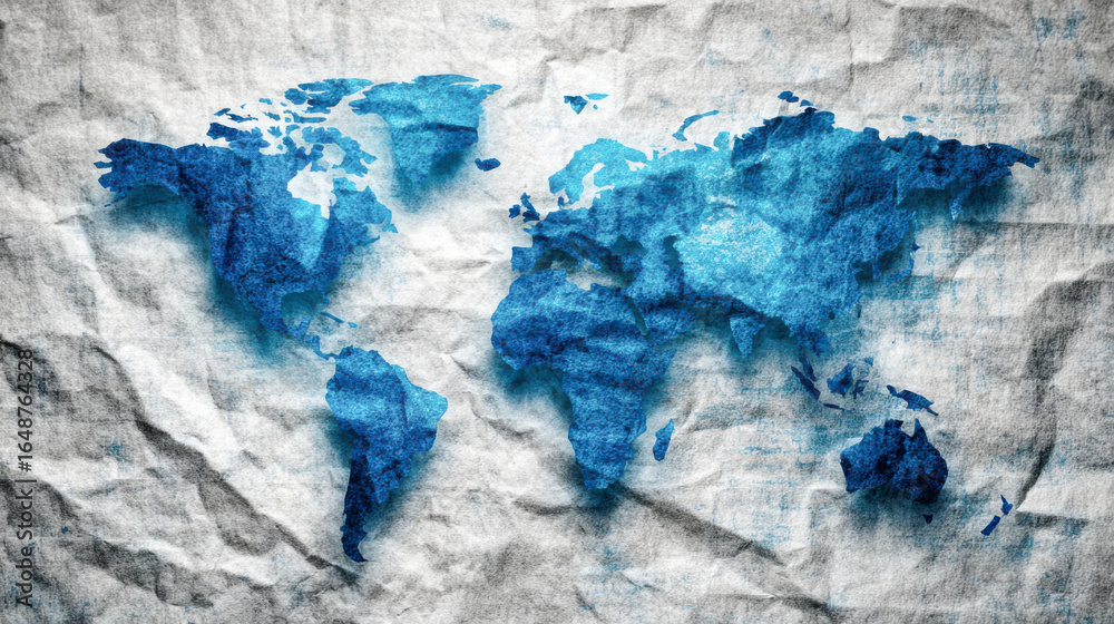 Flat schematic world map with blue continents and crumpled paper ...