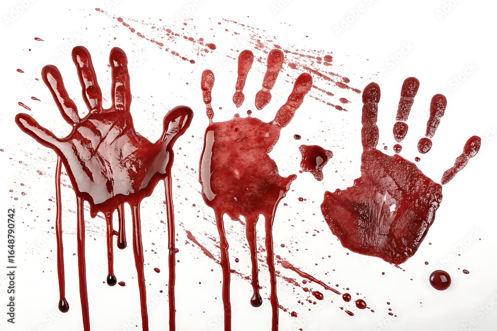 Realistic bloody handprints and dripping blood stains on a white ...