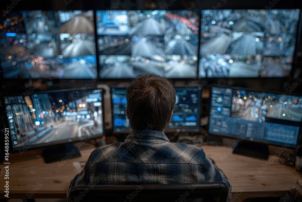 Security guard in a control room, multiple monitors showing live traffic camera feeds Stock ...
