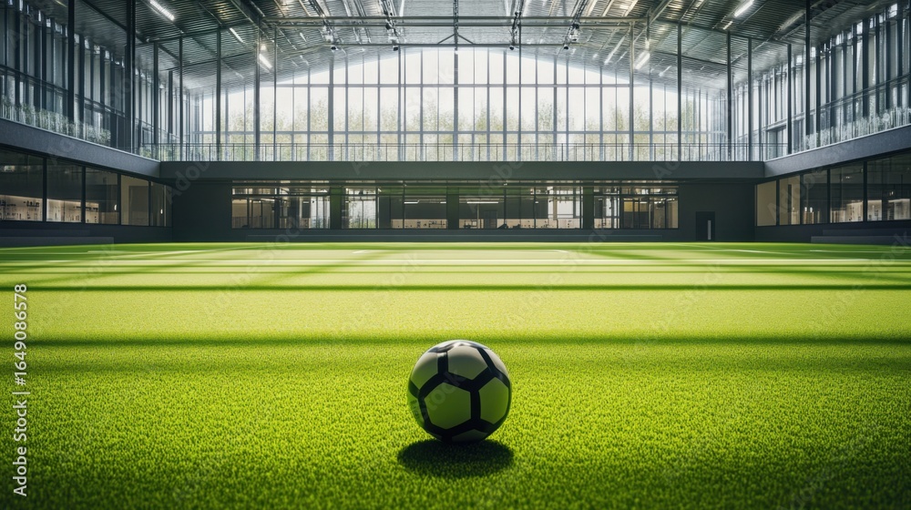Indoor soccer arena with vibrant green turf and a soccer ball in focus ...