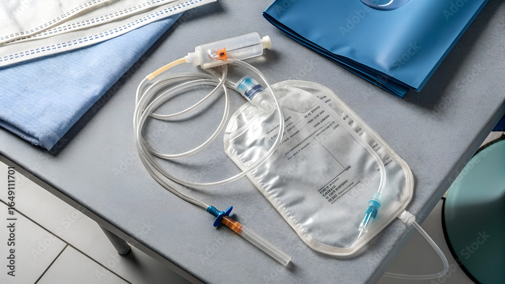 Sterile urine collection bag with tubing set on clinical table perfect ...