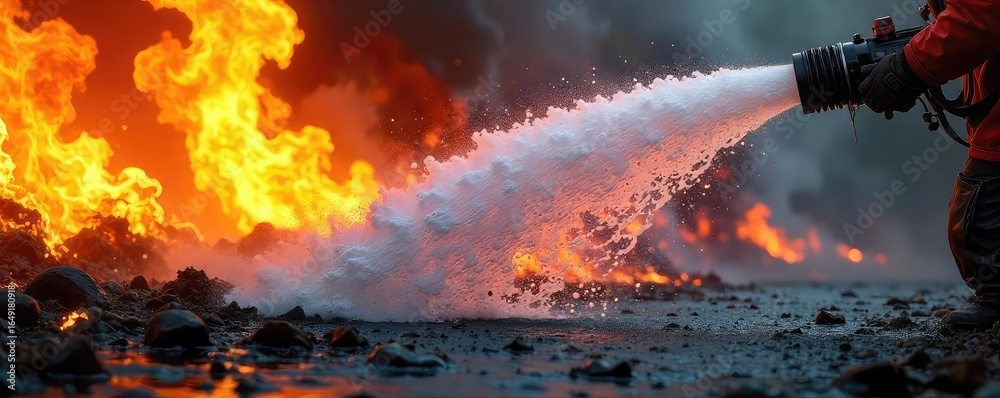 Powerful stream of water from a fire hose, suppressing flames and smoke ...