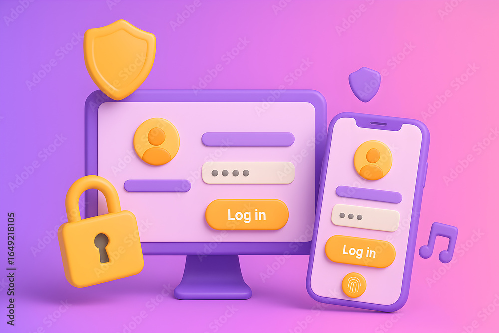 Secure login screen on desktop and mobile devices Stock Illustration ...