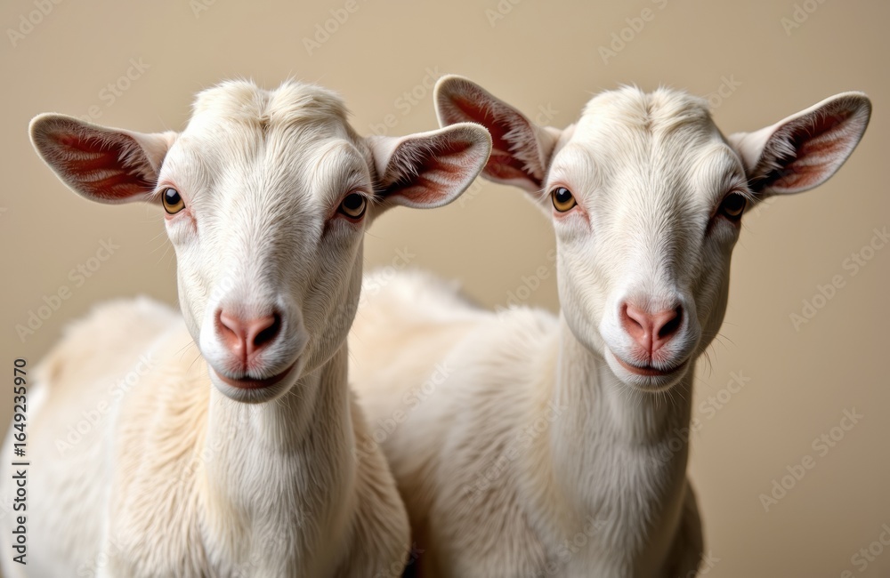 Two young goats with white fur and pink noses looking directly at the ...