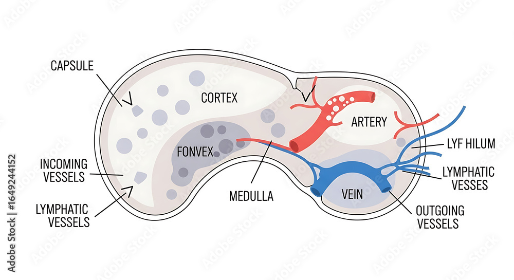 Anatomical diagram of a lymph node cross-section showing its internal ...