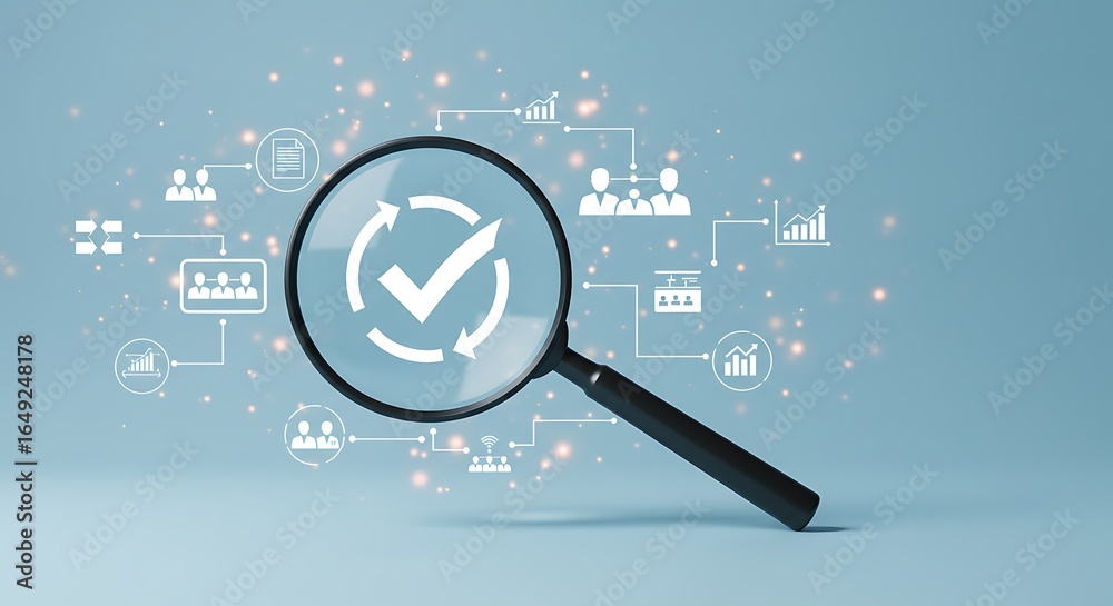 Magnifying glass highlighting quality control and data analysis with ...