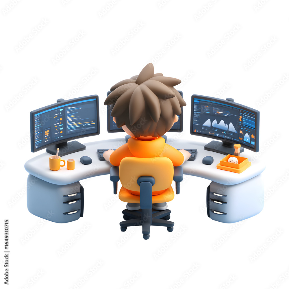 Cartoon programmer coding with multiple monitors in a digital workspace setting Stock ...