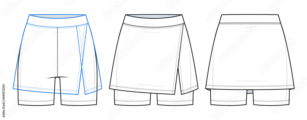 Skort Shorts Technical Fashion Illustration. Layered Overlap Skirt with ...