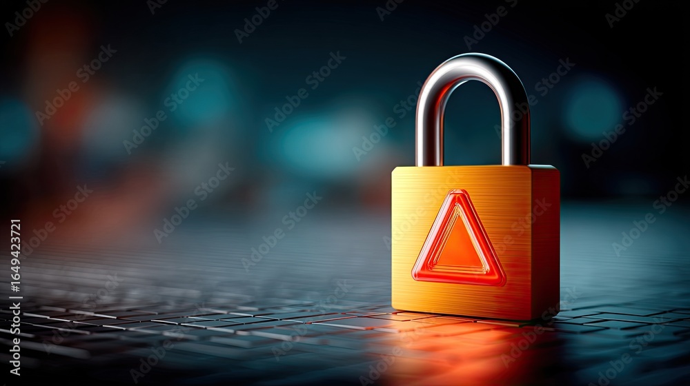 A digital lock overlaid with a flashing warning icon on a grid network ...